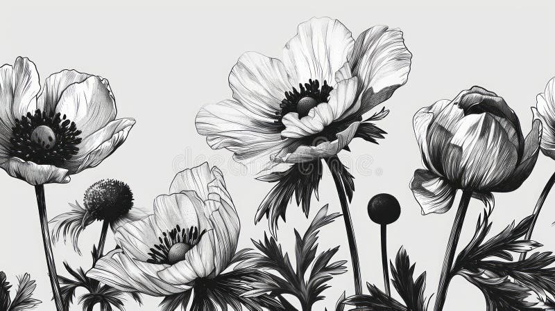 Seamless Pattern with Anemones. Hand Drawn Vector Illustration Stock ...