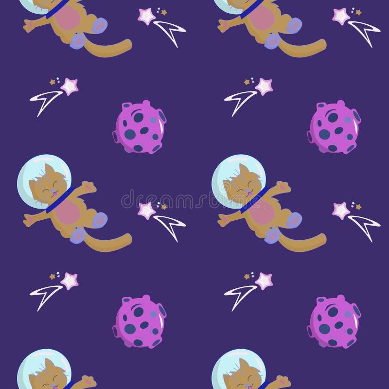 Seamless Pattern Animals in Open Space. Cute Cat Astronaut, Comet and ...