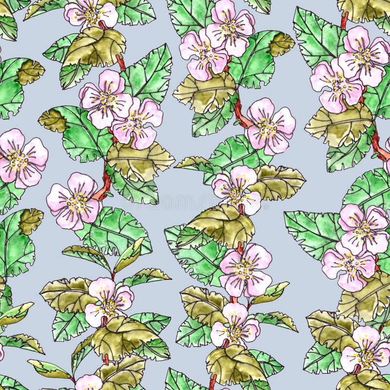 Seamless Pattern of Apple Trees with Pink Flowers and Leaves on a Light ...