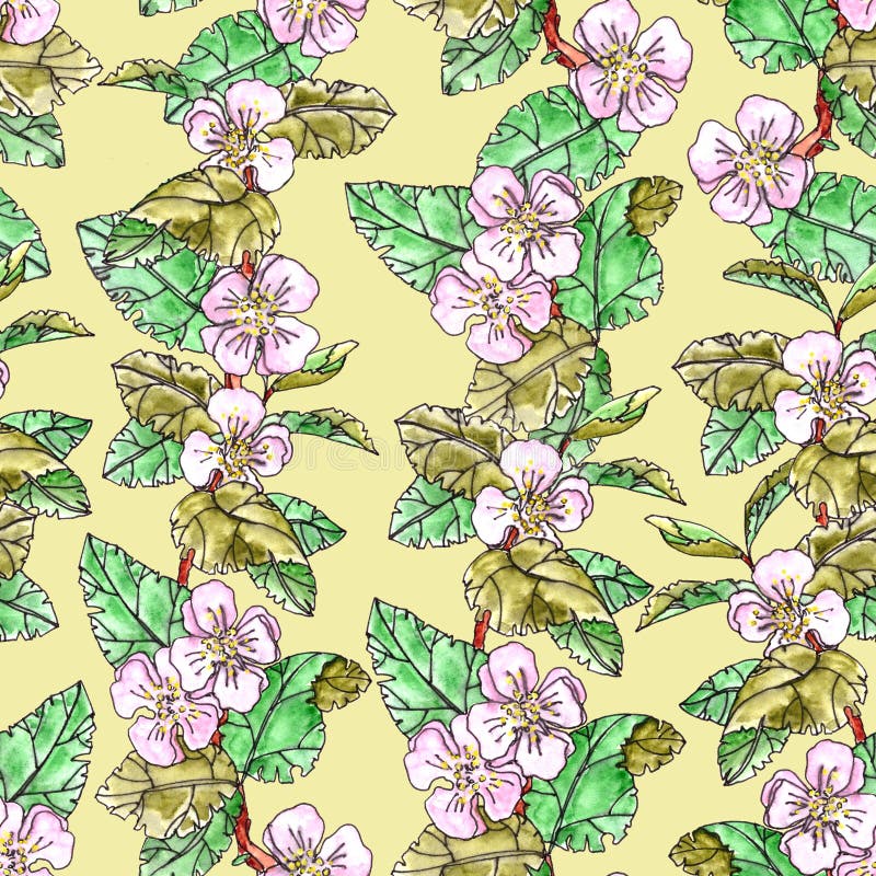 Seamless Pattern of Apple Trees with Pink Flowers and Leaves on a Light ...