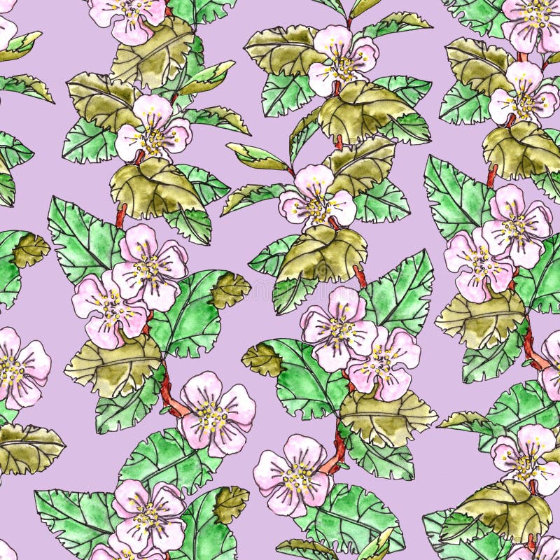 Seamless Pattern of Apple Trees with Pink Flowers and Leaves on a Lilac ...