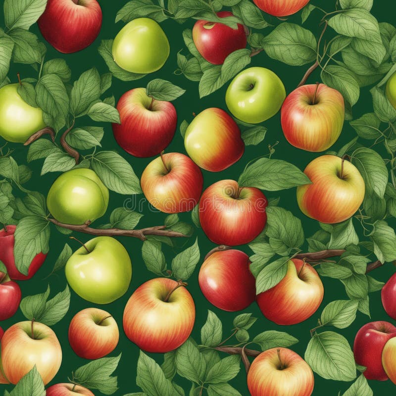 Seamless Pattern with Apples and Leaves on a Green Background Stock ...
