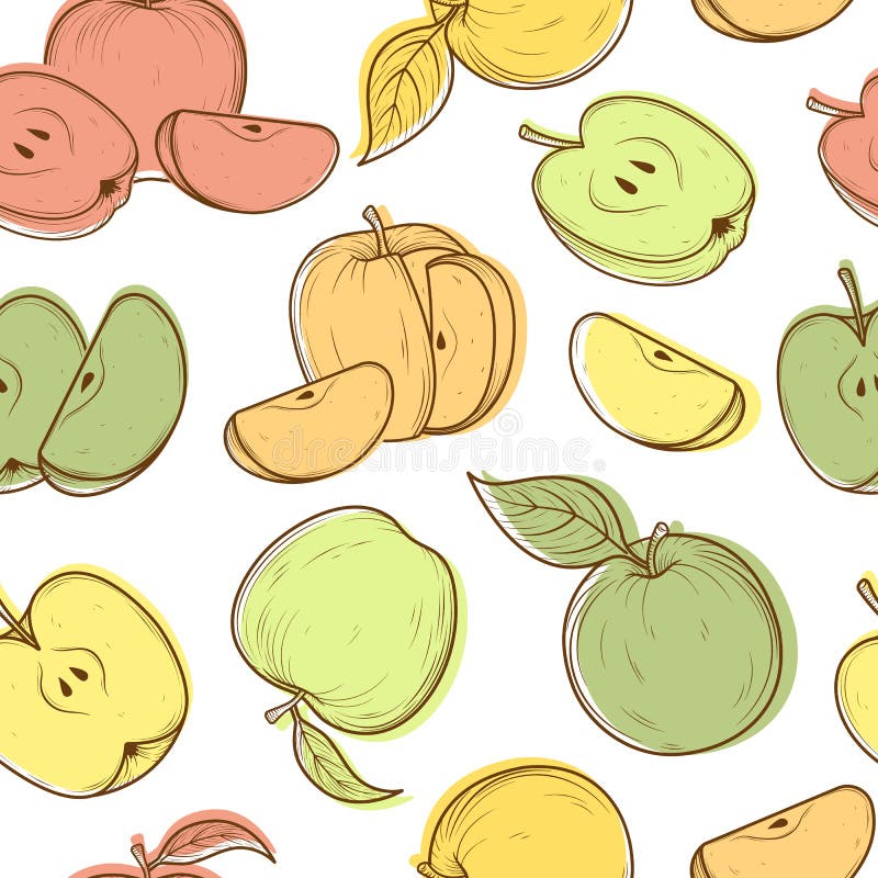 Seamless Pattern With Apples And Leaves Hand Drawn Colorful Sketch