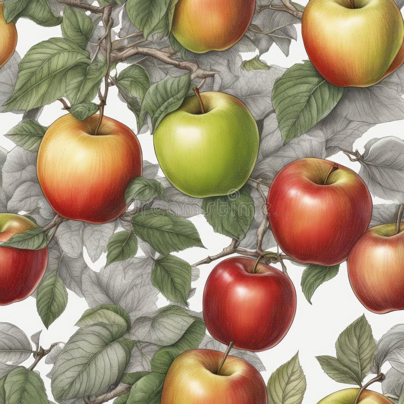 Seamless Pattern with Apples and Leaves. Hand-drawn Illustration Stock ...
