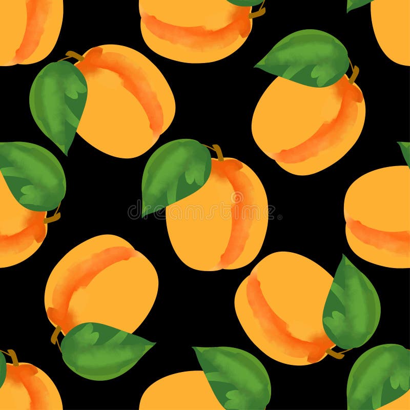 Seamless Pattern with Apricot Illustration on Black Background Stock ...