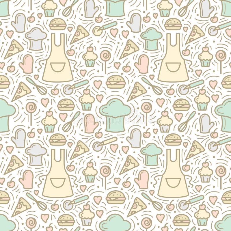Seamless Pattern with Aprons, Cook Caps, Kitchen Elements and Meal ...
