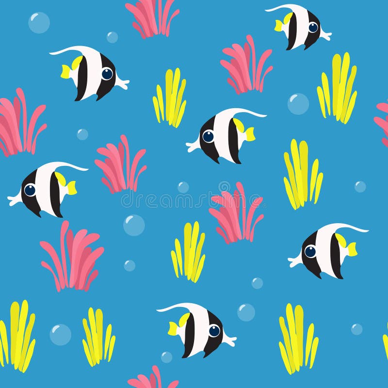 Seamless Pattern Aquarium or Marine Fish Next To Algae. Pattern for ...