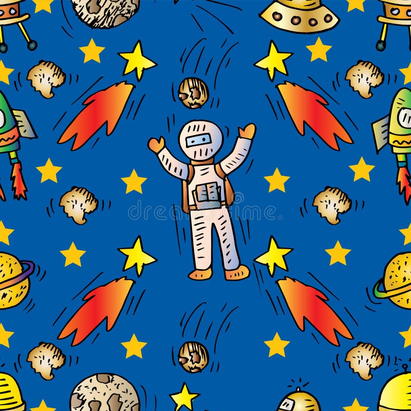 Seamless Pattern with Astronaut, Planets, Rocket and Stars. Stock ...