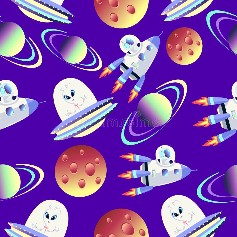 Seamless Pattern Astronautics Planet and Ufo with Aliens Stock Vector ...
