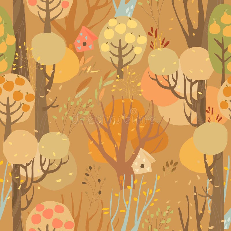Seamless Pattern with Autumn Colorful Trees on Brown Background Stock ...