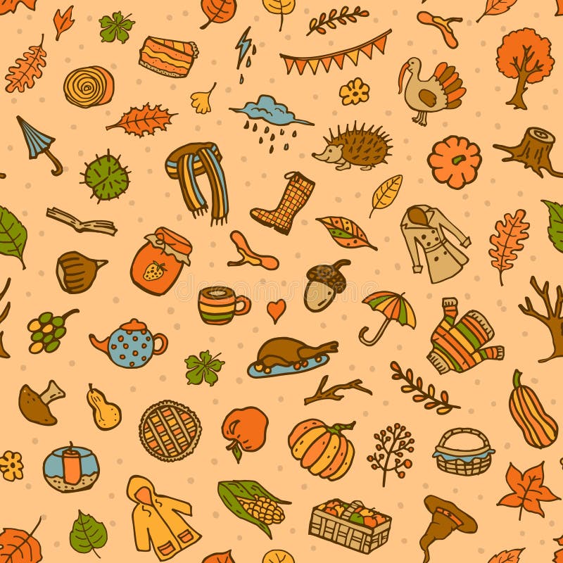 Seamless Pattern with Autumn Fall Thanksgiving Cute Doodle Decoration ...