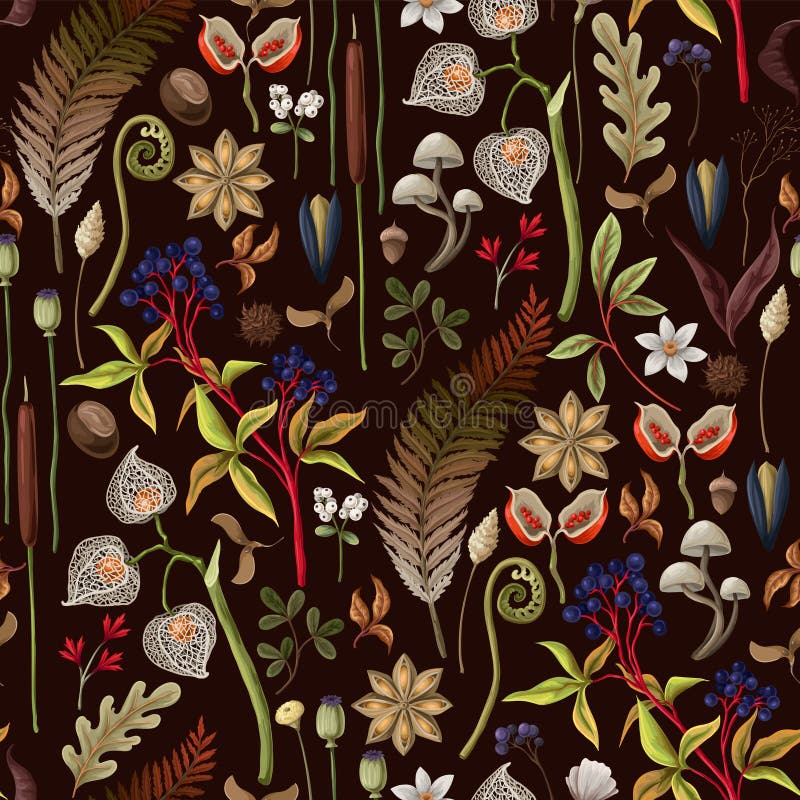 Seamless Pattern with Autumn Leaves, Berries and Seeds. Vector. Stock ...