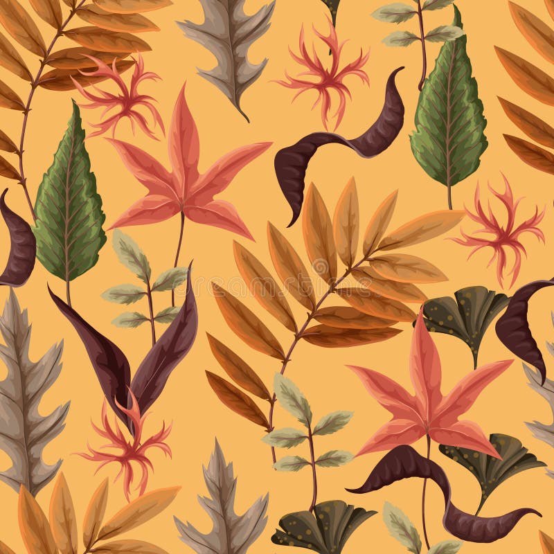 Seamless Pattern with Autumn Leaves and Dried Plants. Vector. Stock ...