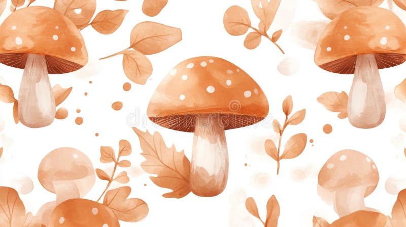 A Seamless Pattern of Autumn Mushrooms, Fall Leaves, and a Cream ...