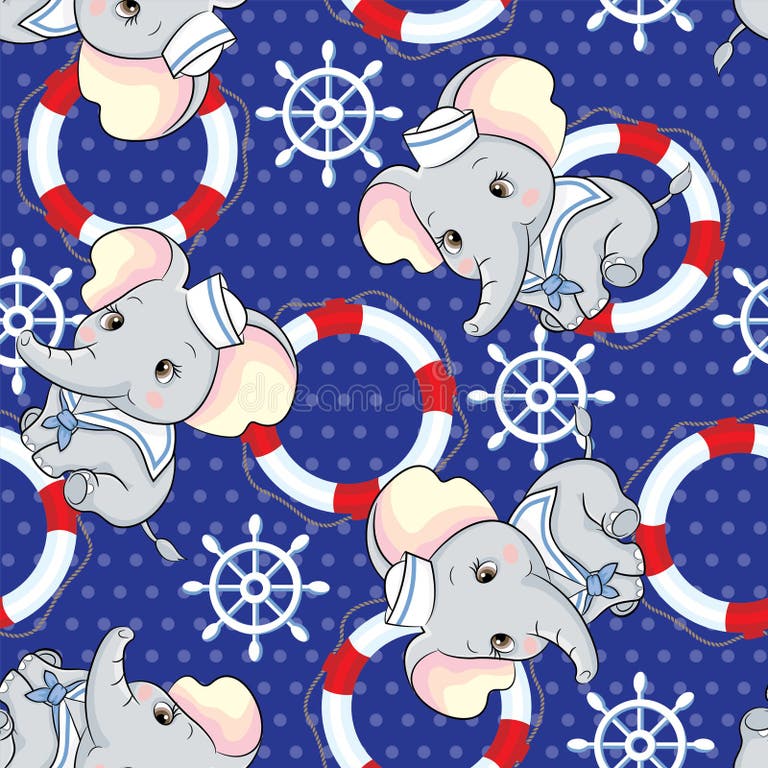 Seamless Pattern, Baby Elephant with Blue Color Background Stock Vector ...