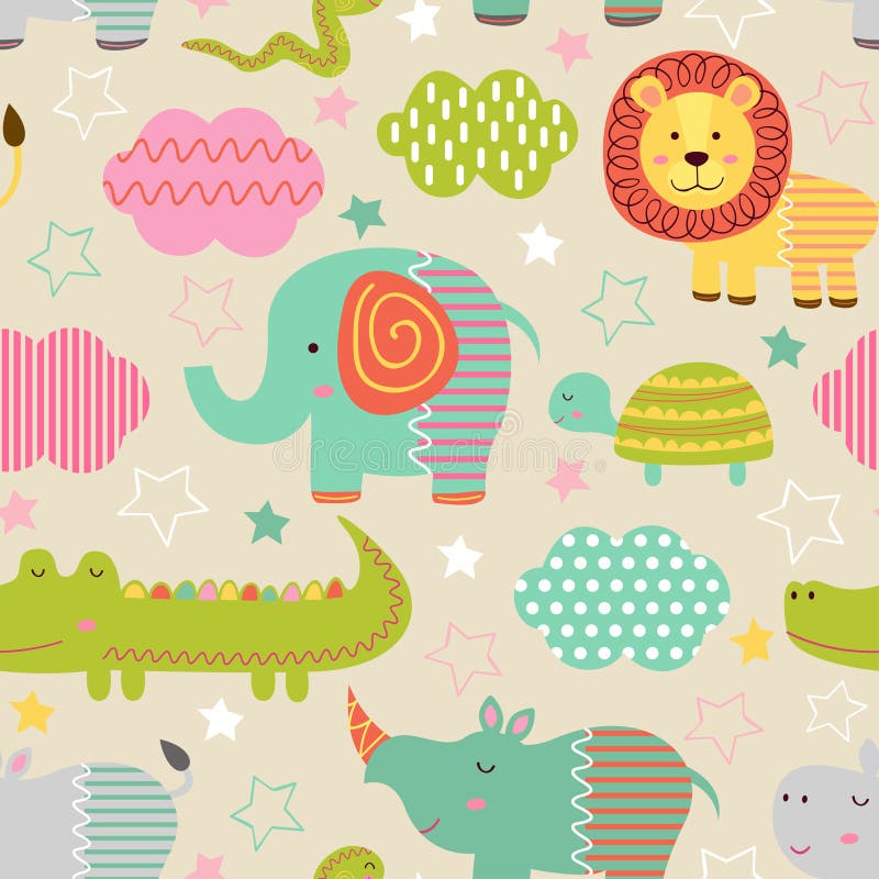 Seamless Pattern with Baby Jungle Animals Stock Vector - Illustration ...