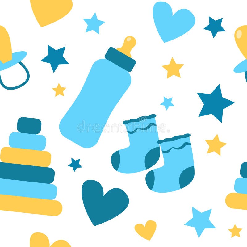 Seamless Pattern with Baby Things. Birth of a Boy. Vector Hand Drawn ...