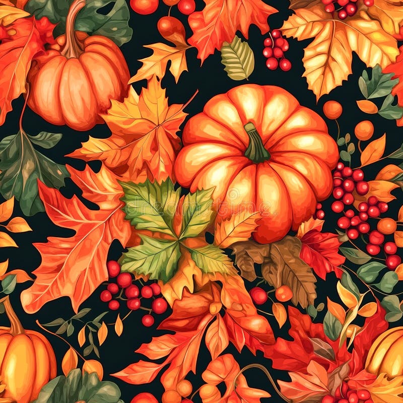 Seamless Pattern Background with Autumn Leaves and Pumpkins Stock ...
