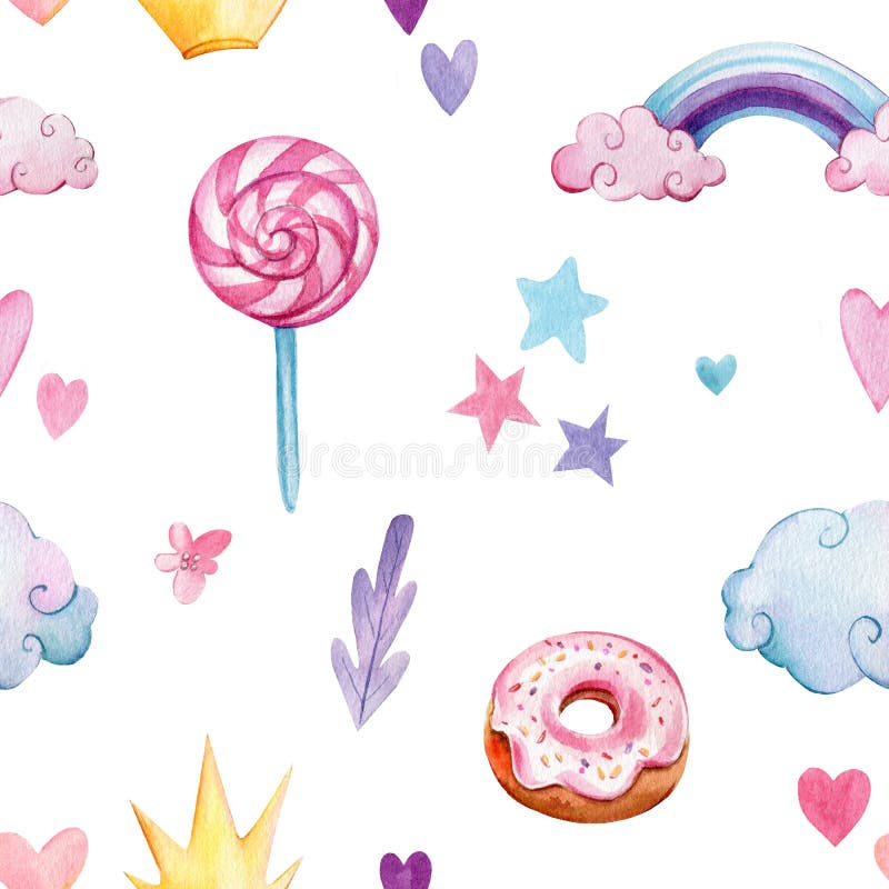 Seamless Pattern, Background with Cloud, Rainbow and Sweets Watercolor ...