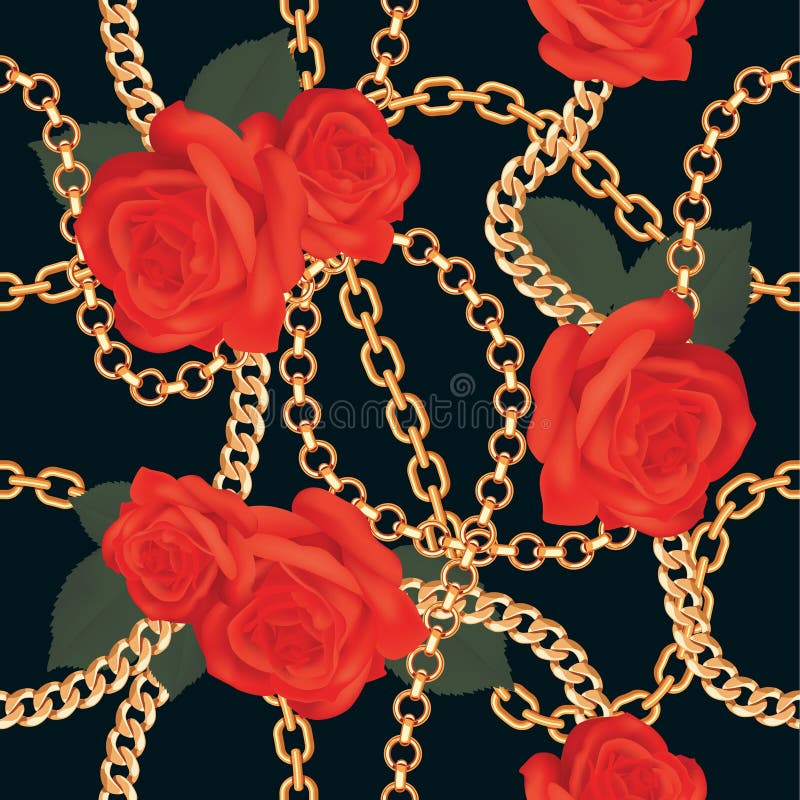 Seamless Pattern Background with Golden Chains and Red Roses. on Black ...