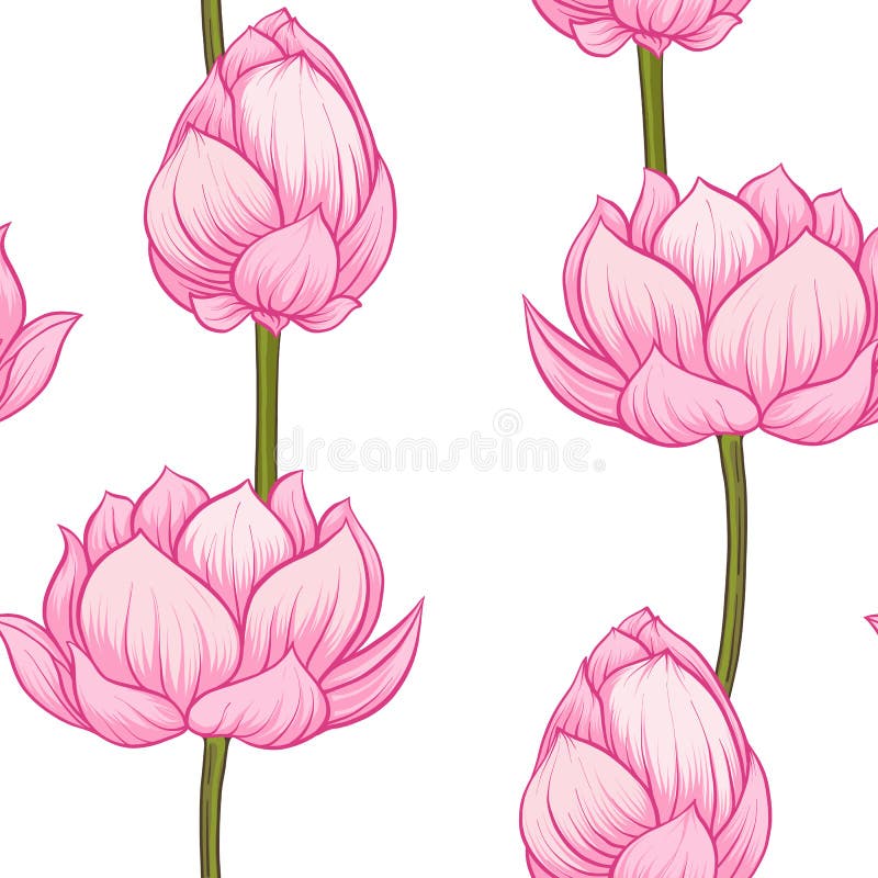 Seamless Pattern, Background with Lotus Flower. Botanical Illust Stock ...
