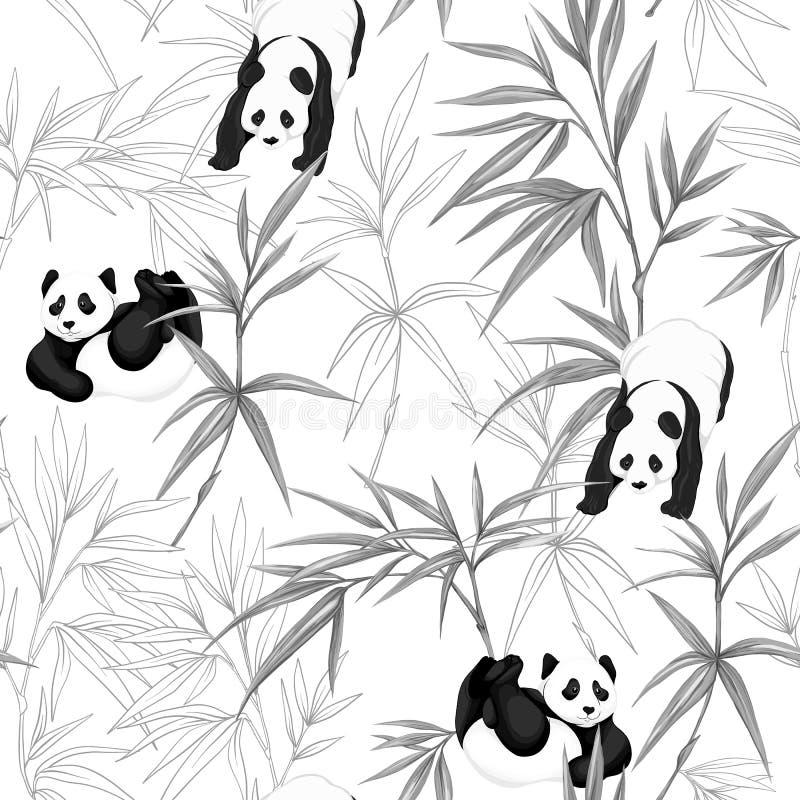 Seamless Pattern, Background. with Pandas and Bamboo Stock Illustration ...