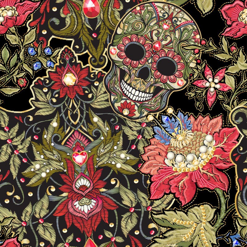 Embroidery Imitation with Spring Flowers. Vector Illustration. Stock ...