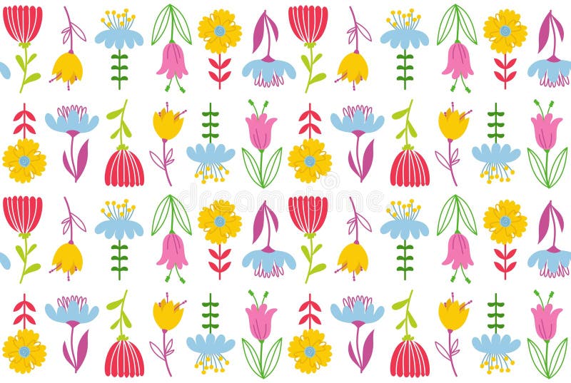 Seamless Pattern, Background of Simple Hand Drawn Flowers, Leaves and ...
