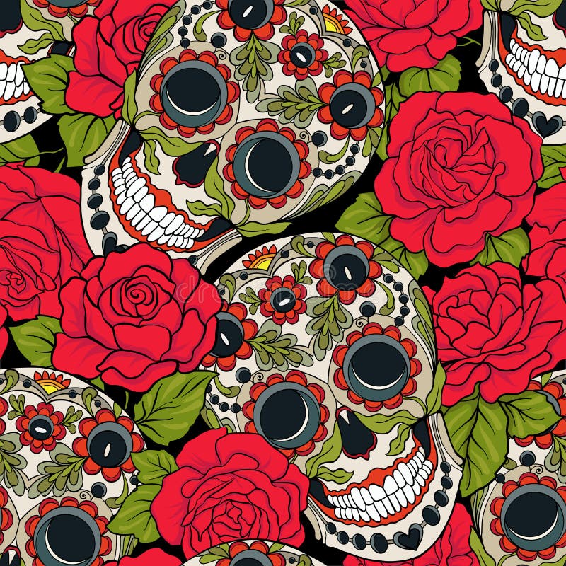 Seamless Pattern, Background With Sugar Skull And Red Roses. Stock ... Seamless Pattern, Background With Sugar Skull And Red Roses. Stock ...