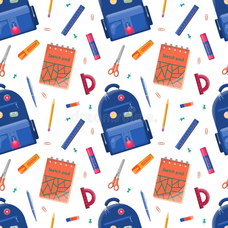 Seamless Pattern of Backpack with Different Stationery Stock ...
