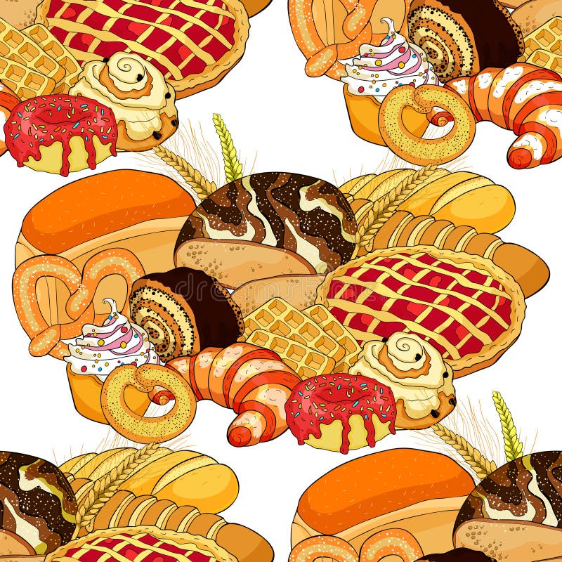 Seamless Pattern Bakery Products in the Assortment. Vector Illus Stock ...