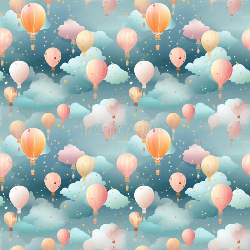 Seamless Pattern of Balloons in the Cloudy Sky, Pastel Colors Stock ...