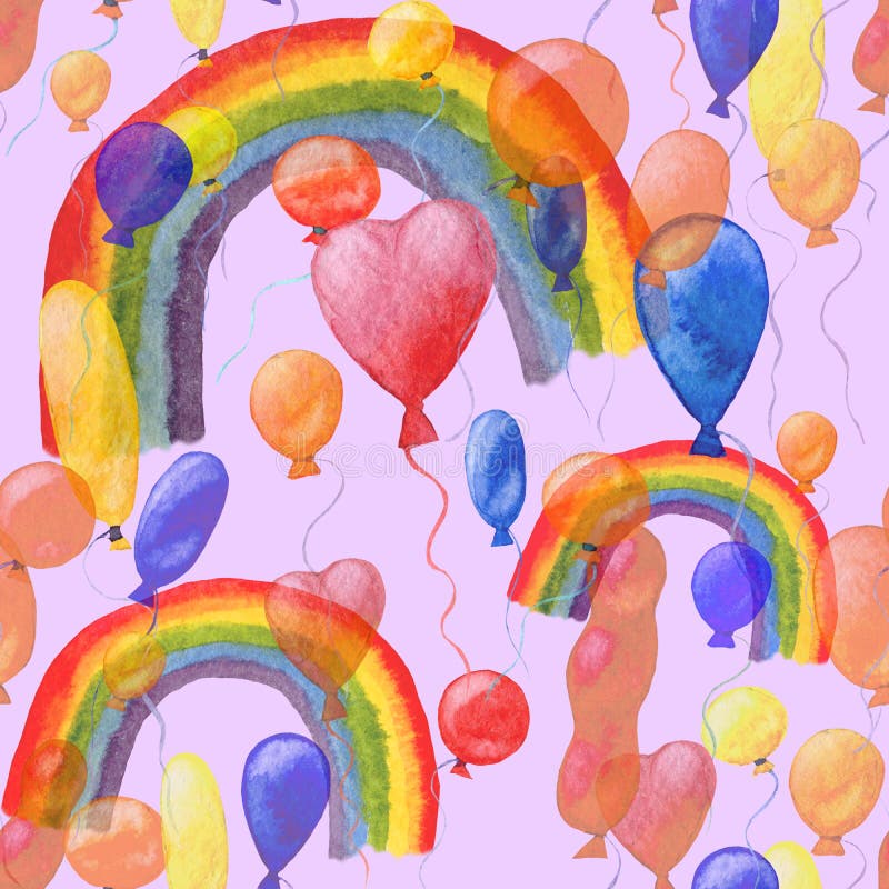 Seamless Pattern. Balloons of Different Colors and Rainbows. Watercolor ...