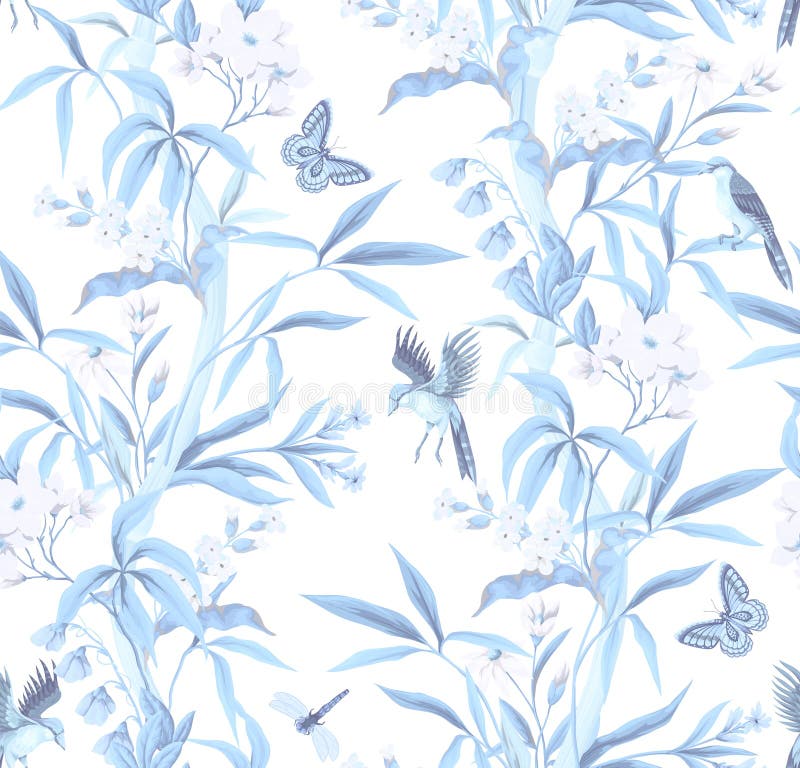 Seamless Pattern with Bamboo, Bird and Pink Flowers. Vector. Stock ...