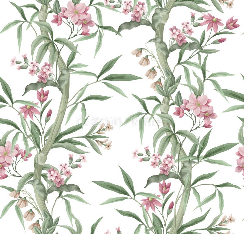 Seamless Pattern with Bamboo and Pink Flowers. Vector. Stock Vector ...