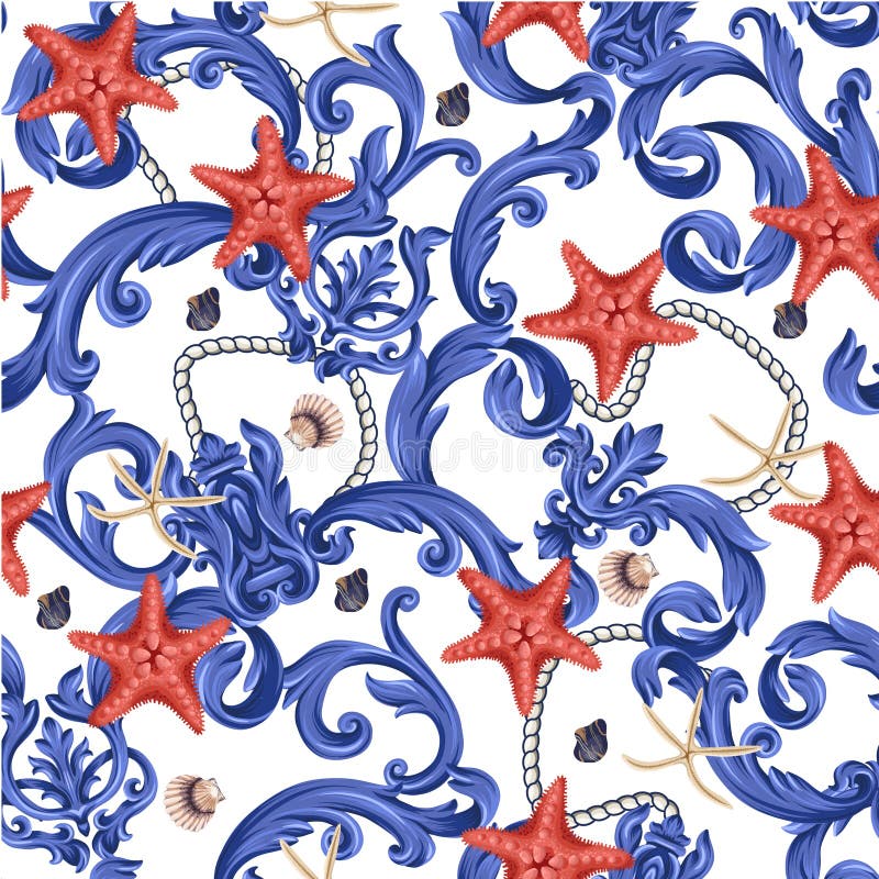 Seamless Pattern with Baroque Elements, Rope, Sea Stars. Vector. Stock ...