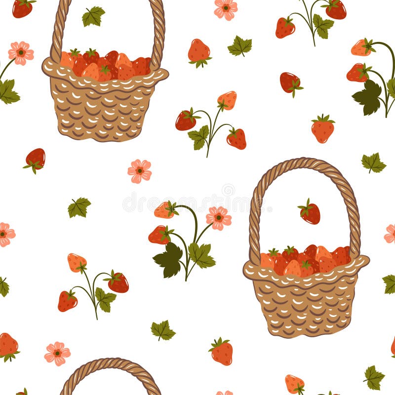 Seamless Pattern with Baskets and Strawberries on a White Background ...