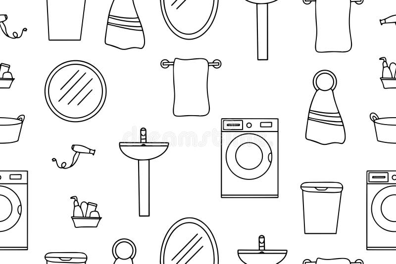 Seamless Pattern of Bathroom Icons in Vector Black Color. Bathroom Accessories. Vector ...