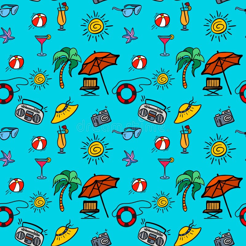 Pattern with Beach Houses on Yellow Sand with Sun and Clouds. Stock ...