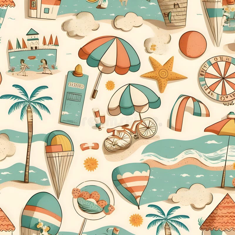 Seamless Pattern with Beach and Travel Elements. Vector Illustration ...