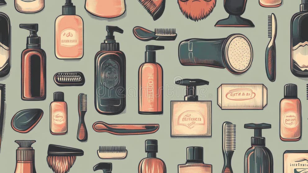 Seamless Pattern of Grooming Tools Featuring Beard Icons, Razors, and ...