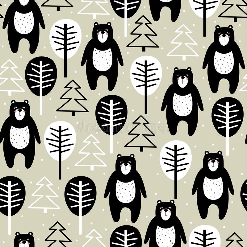 Seamless Pattern, Bears, Fir Trees and Trees. Decorative Cute ...