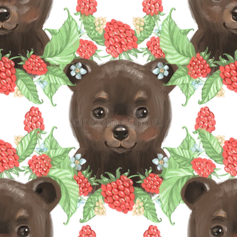 Little Bear and Raspberry. the Bear Sits in Leaves and Berry. Cute ...