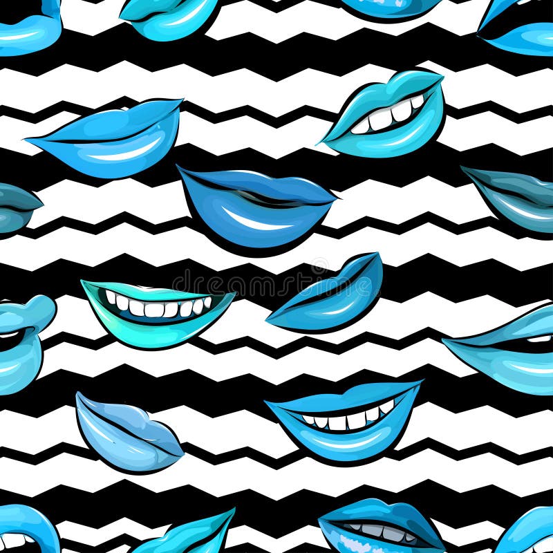 Seamless Pattern with Beautiful Blue Colors Lips Prints on Chevron ...
