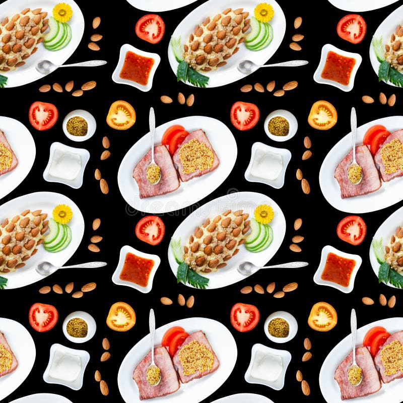 Seamless Pattern with Beautiful and Tasty Snacks on a Black Square ...