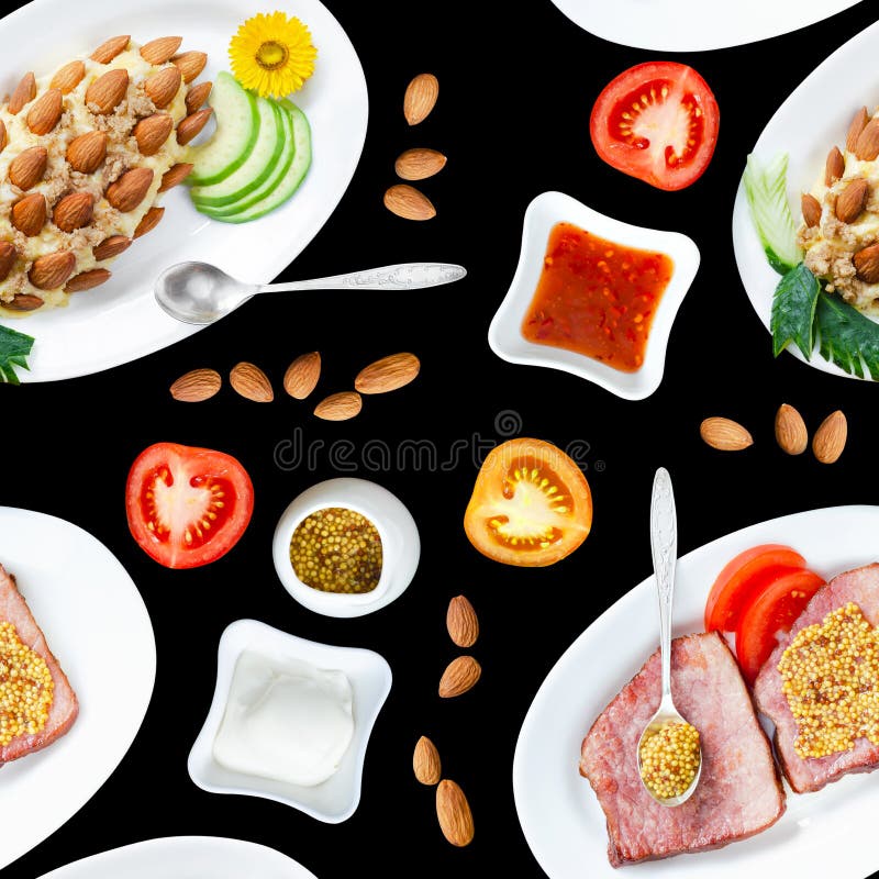 Seamless Pattern with Beautiful and Tasty Snacks on a Black Square ...