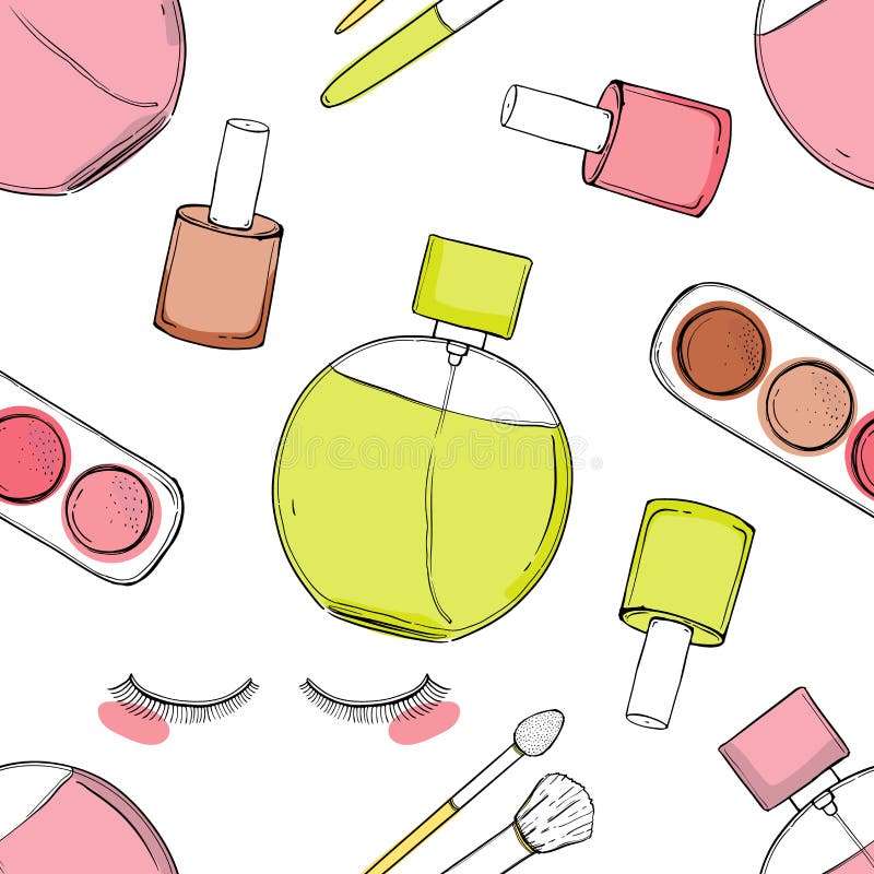 Seamless Pattern Beauty Cosmetic Makeup Hand Draw Women And Girl Elegant Design Stock