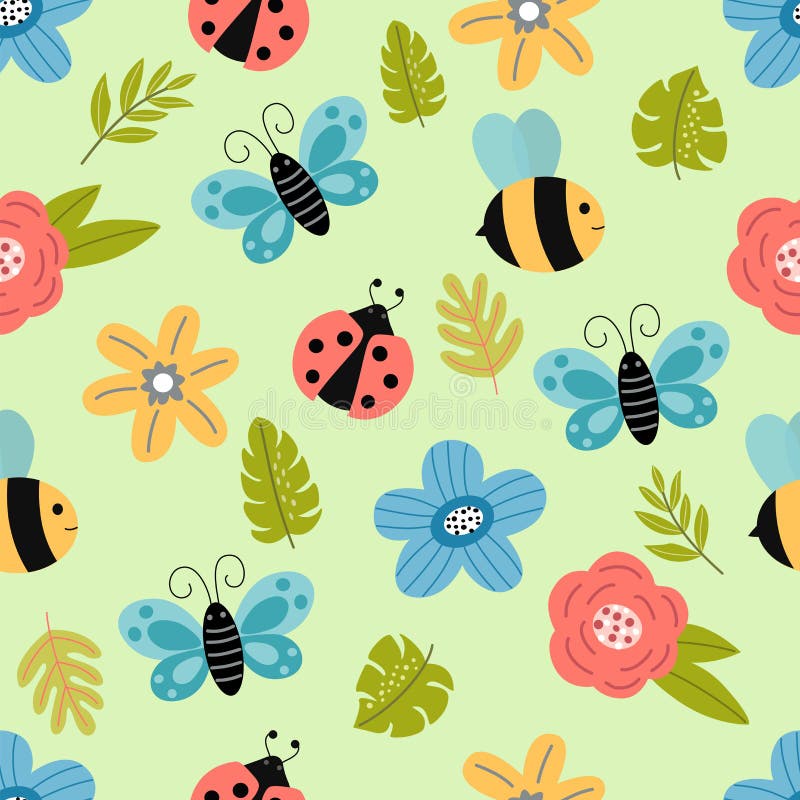 Seamless Pattern - Bee, Butterfly, Ladybug, Flower Stock Illustration ...