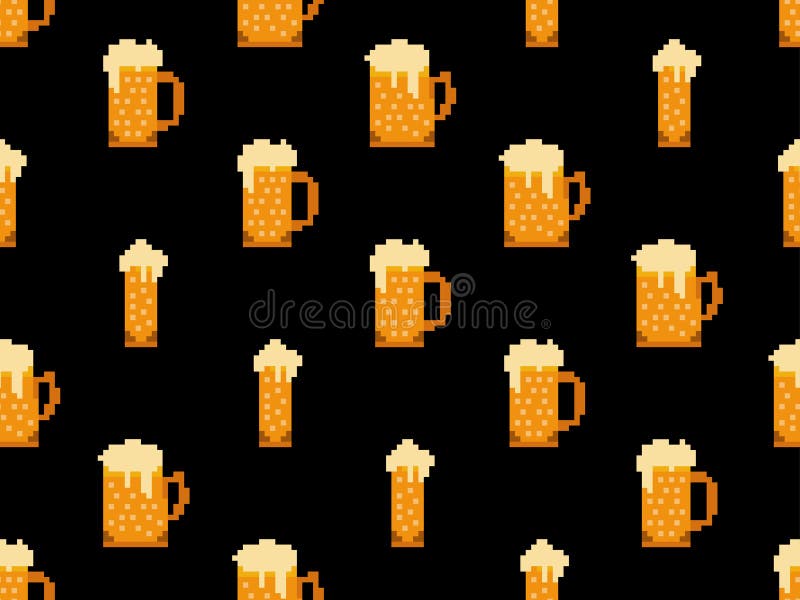 Seamless Pattern with Beer Glasses in Pixel Style. 8 Bit Beer Mug with ...
