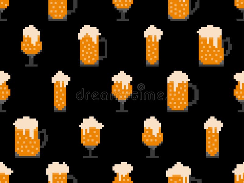 Seamless Pattern with Beer Glasses in Pixel Style. 8 Bit Beer Mug with ...